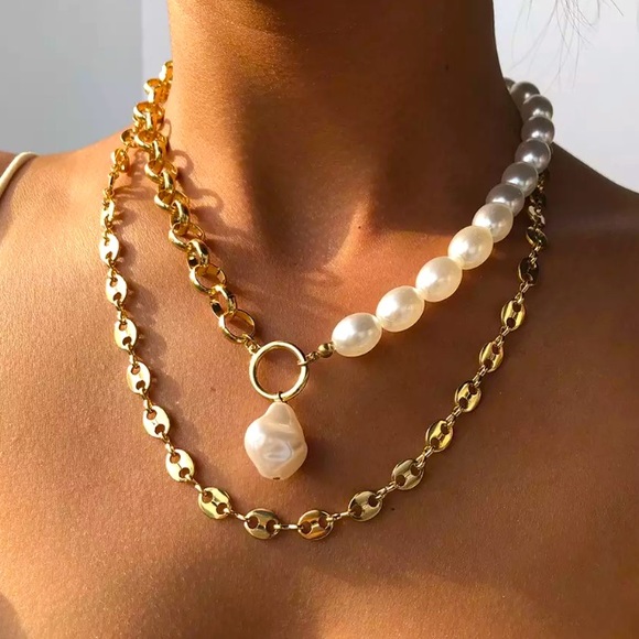 Jewelry | Simulated Baroque Pearl Chunky Two Chain Necklace | Poshmark